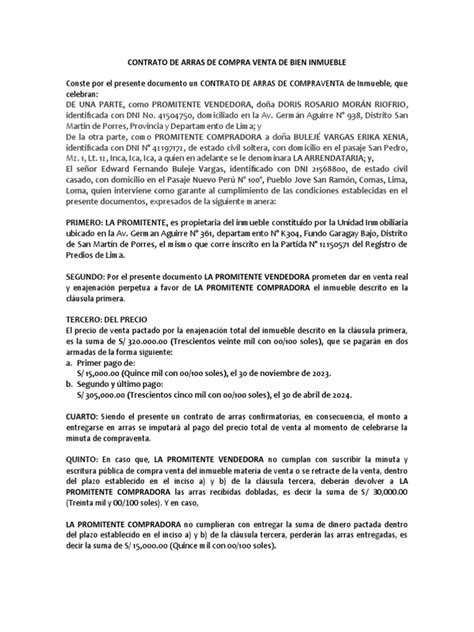 Contrato De Arras Para Compra De Inmueble Pdf Finanzas Y Dinero Derecho