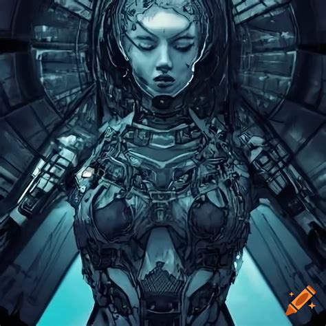 Pyramid Megastructure Architecture With Cyborg Women Under Full Moon In