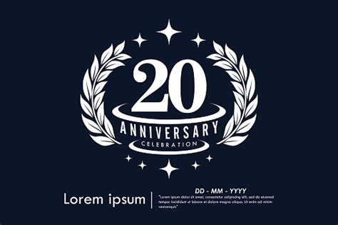창립 20주년 기념 엠블럼 축하 기념일 로고는 월계관과 검은 배경에 별과 함께 격리되어 있습니다 웹 전단지 포스터 인사말 카드에 대한 벡터 일러스트 레이 션 템플릿 디자인