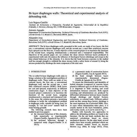 Bi Layer Diaphragm Walls Theoretical And Experimental Analysis Of Debonding Risk Ita Library