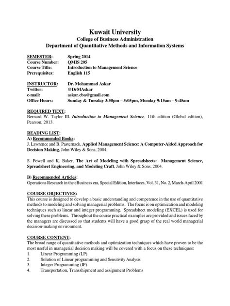 Syllabus 205 Pdf Linear Programming Operations Research