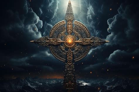 Cruz Celta Contra El Cielo Nocturno Lleno De Estrellas Imagen De Estilo