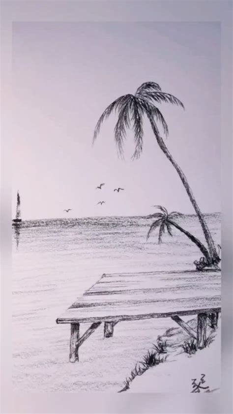 Beach Landscape Pencil Drawing