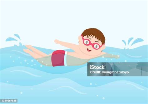 귀여운 작은 아이 수영 배경 벡터 일러스트 에 플랫 만화 스타일 수영복을 입고 여름에수영을 하고 물 활동을 하는 사람들 건강한 생활방식에 대한 스톡 벡터 아트 및 기타