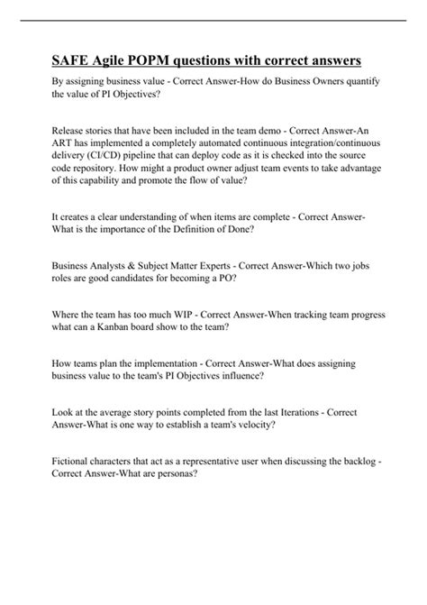 Safe Agile Popm Questions With Correct Answers Sa Safe Agilist Stuvia Us