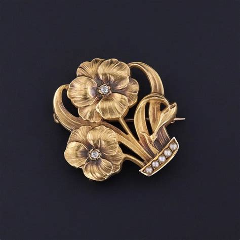 Antique Flower Basket Brooch Of 10k Gold Gem