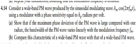 solved 4 14 consider a wide band pm wave produced by the sinusoidal