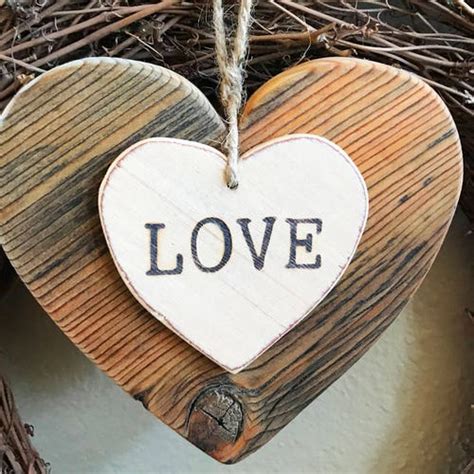 Wood Heart Ornament Imprinted With Love Rustic Double Heart Etsy