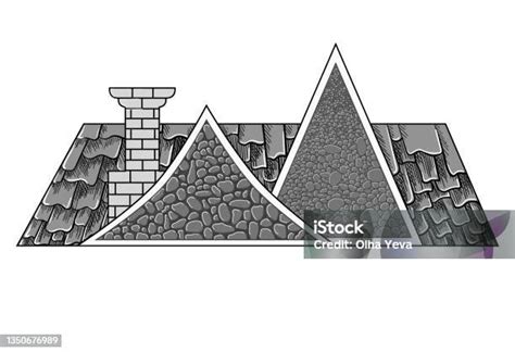 타일과 자갈이 있는 지붕과 벽돌 굴뚝이 그려져 있습니다 그림은 회색 흑백으로 그려집니다 흰색 배경에 격리된 스톡 벡터 그림입니다 기와에 대한 스톡 벡터 아트 및 기타 이미지