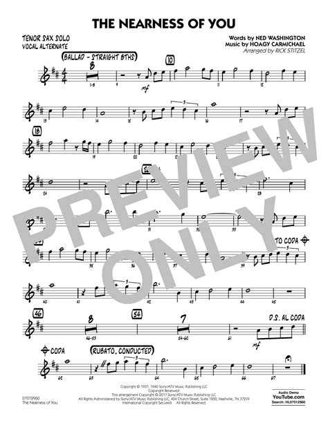 The Nearness Of You Key C Tenor Sax Solo Vocal Alt By Rick