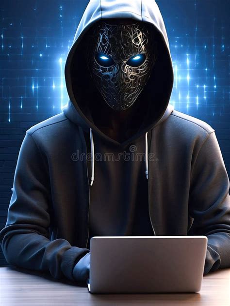 Masked Hacker Scammer With A Hood And A Technological Background Stock