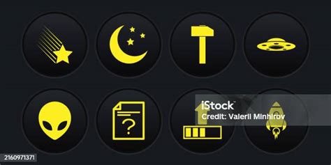 Set Alien Ufo Flying Spaceship Unknown Document Loading Hammer And Moon And Stars Icon Vector