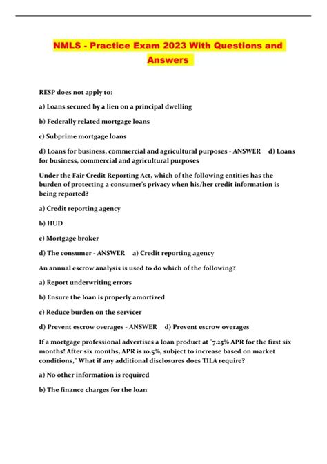 NMLS Practice Exam With Questions And Answers RATED A LATEST UPDATE NMLS Stuvia US
