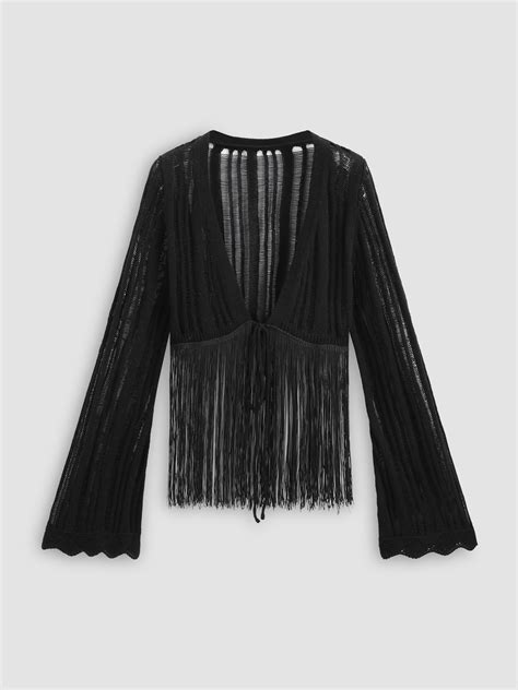 Knit Fabric Solid Knit V Neck Tassel Hollow Out Long Sleeve Crop Top