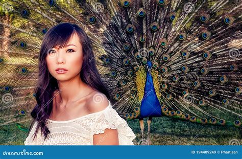 Beautiful Woman Surrounded By Peacock Flexing Feathers Stock Image