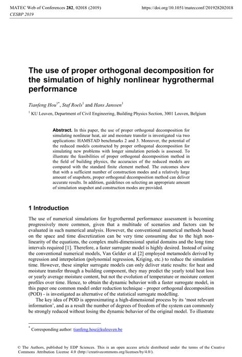 Pdf The Use Of Proper Orthogonal Decomposition For The Simulation Of