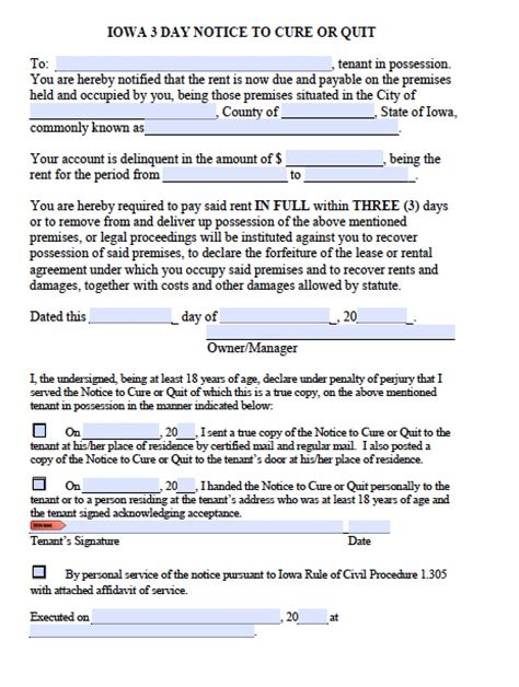 Free Iowa Three 3 Day Eviction Notice Late Rent Notice To Quit