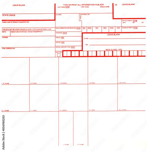 Blank Fingerprint Card Form For Fingerprint Registration Of Those Accused Of A Crime Stock