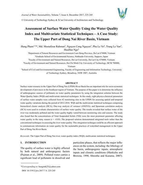 Pdf Assessment Of Surface Water Quality Using The Water Quality Index And Multivariate