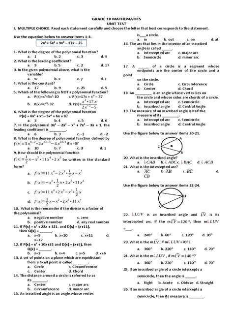 Grade 10 Mathematics Unit Test Review Pdf Circle Angle