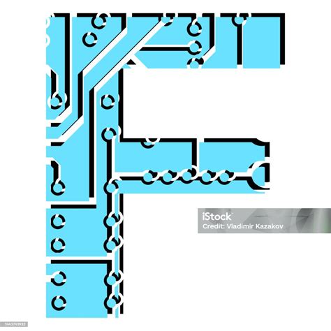 흰색으로 분리된 Pcb 회로 기판 트랙으로 천공된 라틴 디지털 문자 F 현대 디지털 세계의 헤드 라인에 대 한 컬러 대문자 첫