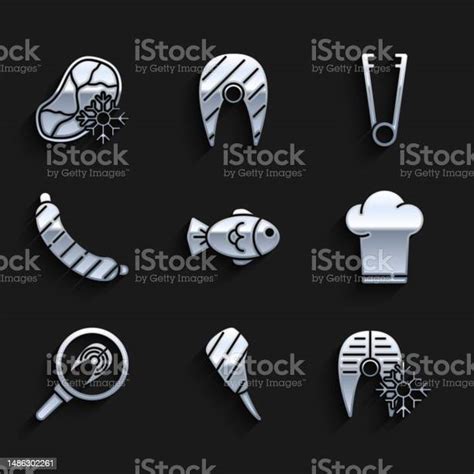 생선 갈비뼈 스테이크 신선한 냉동 생선 요리사 모자 프라이팬 소시지 고기 집게 고기 아이콘을 설정합니다 벡터 강철에 대한 스톡 벡터 아트 및 기타 이미지 Istock