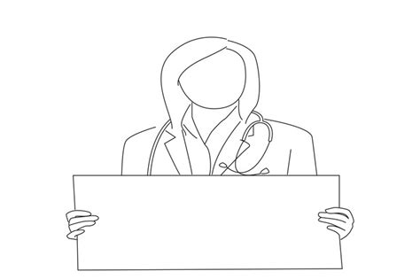 텍스트 또는 디자인 온라인 아트 드로잉 스타일을 위한 카피스페이스가 있는 간판을 보여주는 이슬람 여성 의사 프리미엄 벡터