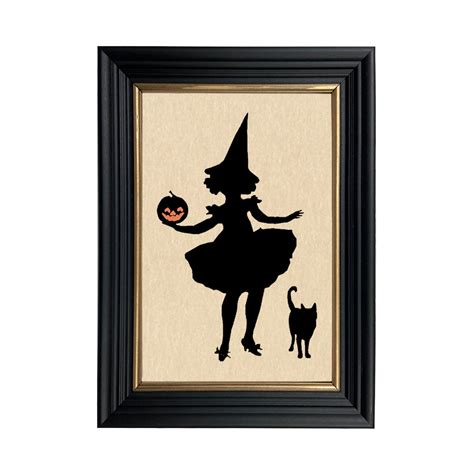 Girl Witch Holding Jack O Lantern With Her Cat Cut Framed Halloween