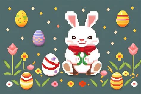 Premium Photo Pixel Art Cute Easter Bunny With Easter Eggs Background