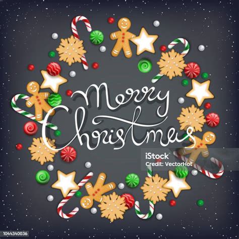 메리 크리스마스 손으로 그린 글자입니다 화 환의 과자 비스킷 쿠키 막대 사탕 사탕 사탕 지팡이 진저 남자는 검정 테이블에 웹 또는 인쇄에 대 한 개체 그룹에 대한 스톡 벡터