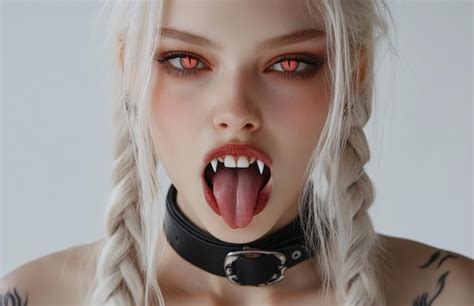 Young Woman With Long Platinum Blonde Braid Sharp Teeth Open Mouth