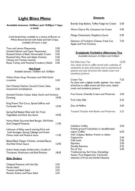 Light Bites Menu Craiglands Hotel