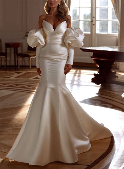 Sheath V Neck Long Sleeves Court Train Elastic Satin Wedding Dresses