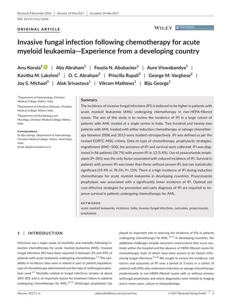 Pdf Invasive Fungal Infection Following Chemotherapy For Acute Myeloid Leukaemia Experience