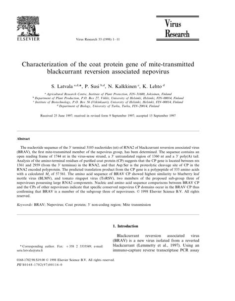 Pdf Characterization Of The Coat Protein Gene Of Mite Transmitted Blackcurrant Reversion