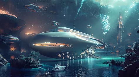 The Spaceship Is A Sleek Silver Vessel With A Long Pointed Nose And A Wide Flat Body Premium