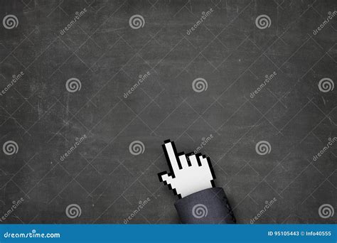 Businessman`s Hand With Pointer Pointing At Blank Blackboard Stock