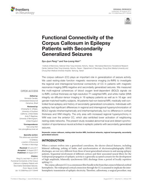 Pdf Functional Connectivity Of The Corpus Callosum In Epilepsy