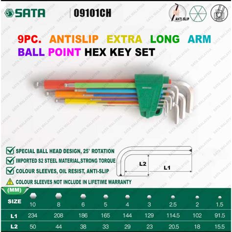 Sata Colour Series Extra Long Ball Point Hex Key Set Allen Key Set Ball Point Allen Key 1 5mm