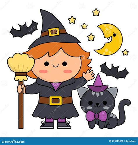 Bruja Vector Kawaii Parada Con Escoba Y Gato Negro Bajo Media Luna Y
