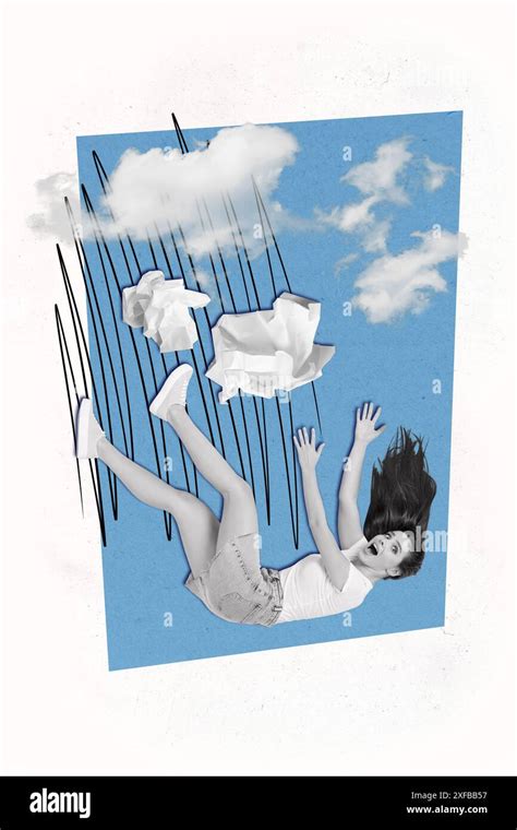 Vertical Photo Collage Of Astonished Scared Girl Fly Clouds Sky Typhoon