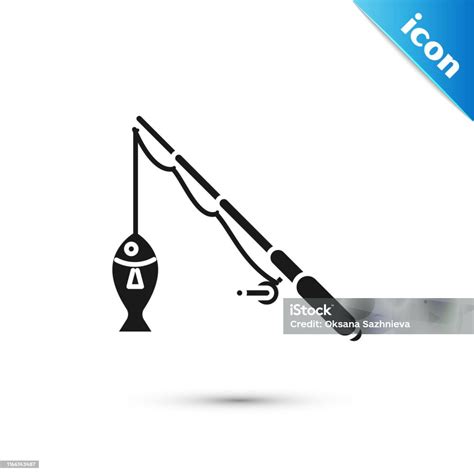 흰색 배경에 고립 된 검은 낚싯대와 물고기 아이콘 낚시 장비 및 어류 양식 주제 벡터 일러스트레이션 강에 대한 스톡 벡터 아트 및 기타 이미지 Istock