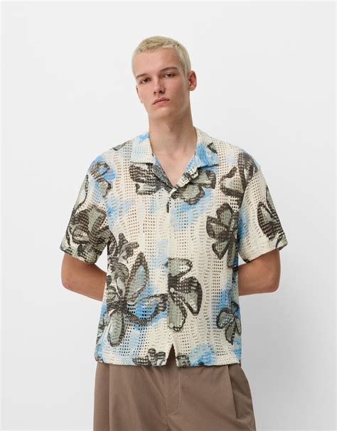 Camisa Manga Corta Estructura Print Hombre Bershka
