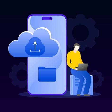 O personagem carrega dados de um laptop para um smartphone enquanto está sentado no servidor