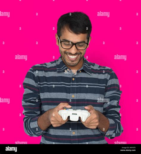 Indian Man Game Controller Console Cheerful Concept Stock Photo Alamy
