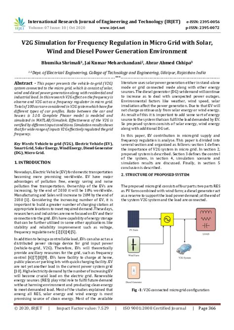 Pdf Irjet V2g Simulation For Frequency Regulation In Micro Grid With