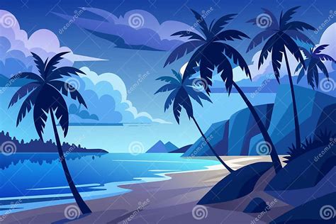 A Beautiful Beach Scene With Palm Trees And A Blue Ocean Stock
