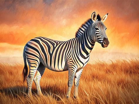 Premium Vector Zebra Standing In Tall Grass At Sunset