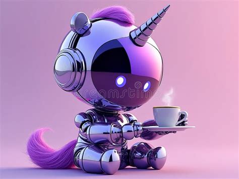 Cute Purple Unicorn 3d Robot Character Drinking Steamy Cup Of Fresh
