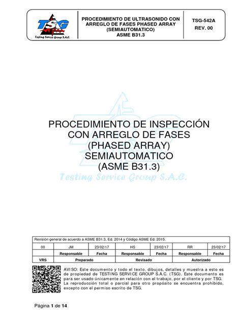 Tsg 542a Procedimiento Saut Ultrasonido Phased Array Tofd Rev 00 Asme B313 A Inox Pdf